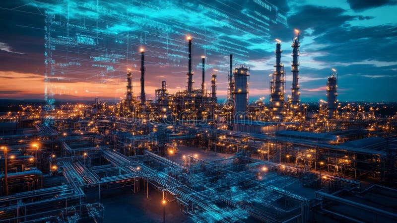 Stunningly Illuminated Industrial Complex at Dusk Featuring a ...