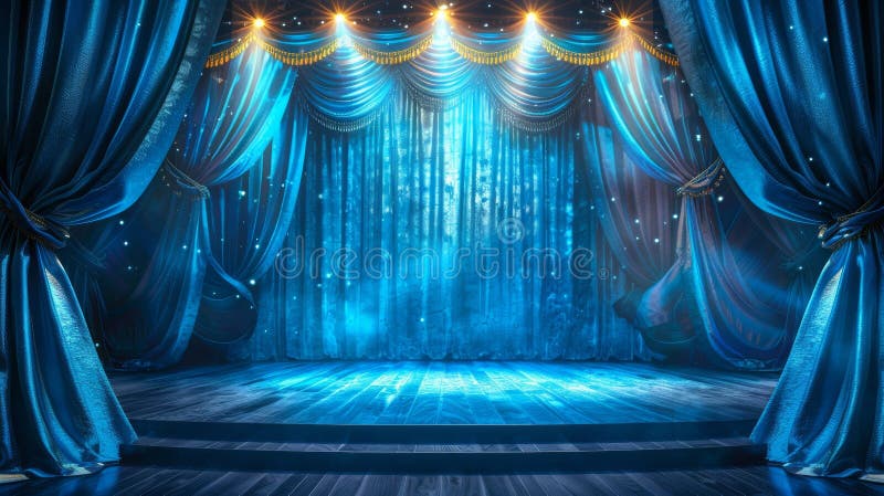 Stunningly Lit Theater Stage with Elegant Blue Curtains and Dramatic ...