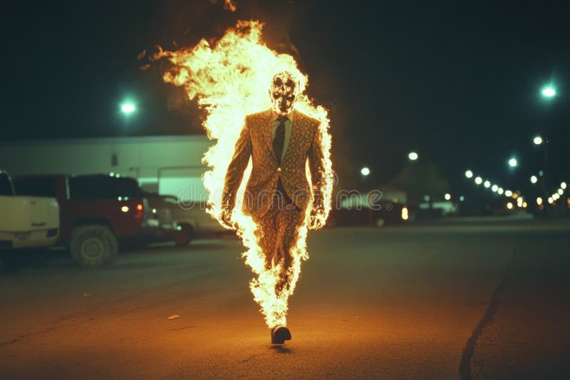 Stuntman Walking Covered in Fire at Night Stock Image - Image of risk ...