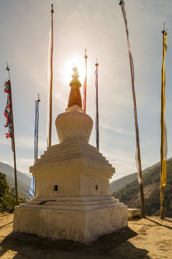 Stupa with Prayer Flags in Sunset Stock Photo - Image of religion ...