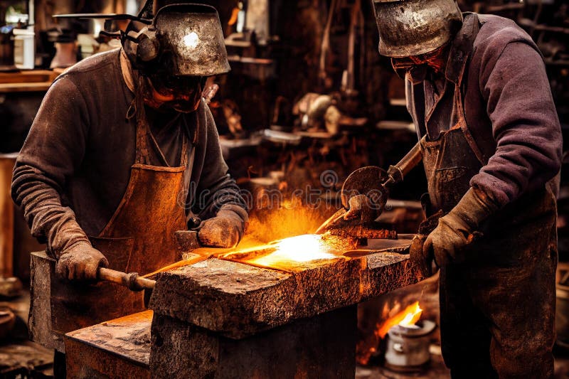 Sturdy Blacksmiths Fire Steel and Other Metal on Old Anvil. Stock ...