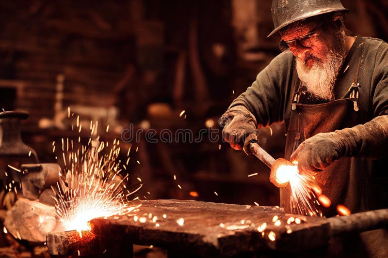 Sturdy Blacksmiths Fire Steel and Other Metal on Old Anvil. Stock ...