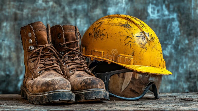 Sturdy Boots and Hard Hat on Rustic Surface for Work Safety Stock ...