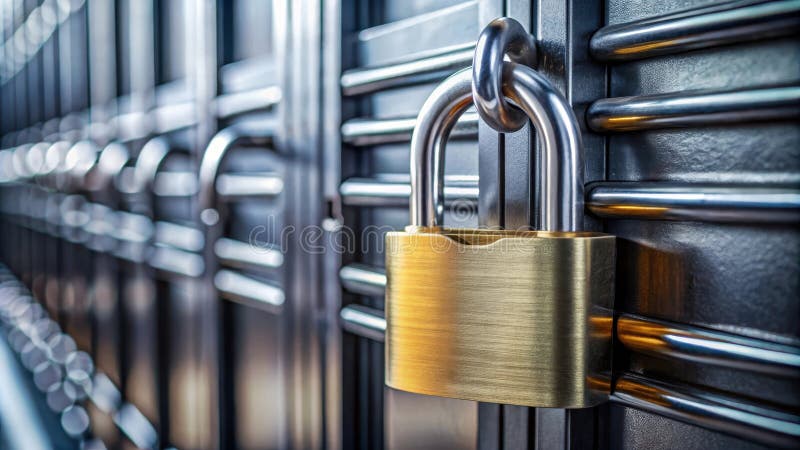 A Sturdy Brass Padlock Secures a Row of Metallic Compartments ...