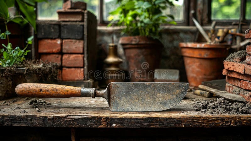 Sturdy Brick Trowel Sits Workbench Traditional Masonry Workshop ...