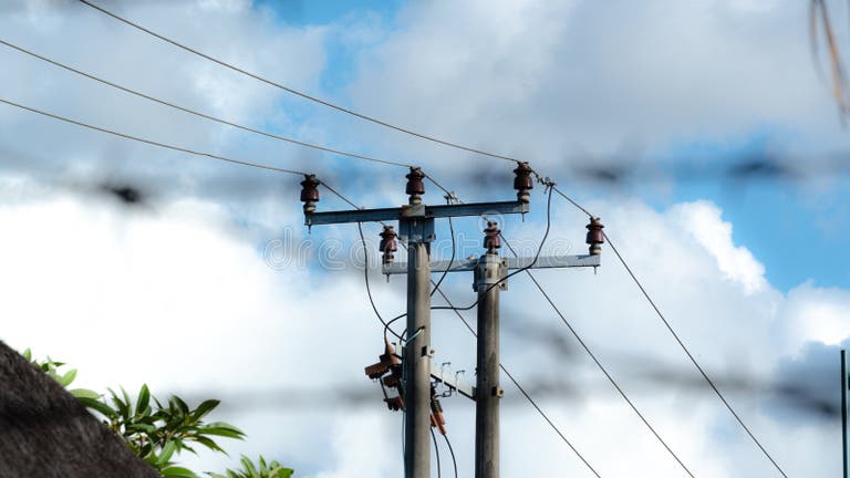 Electrical Utility Concrete Pole with Wires and Insulators Against Cloudy Sky Stock Image ...