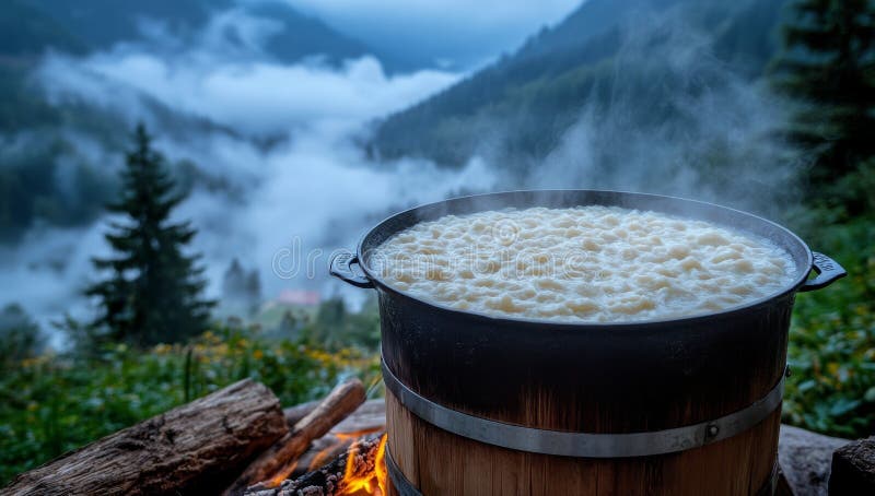 A Sturdy Iron Pot, Steaming with Boiling Water, Hangs Over a Roaring ...