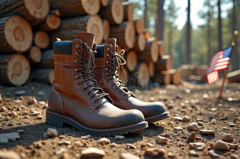 Sturdy Leather Boots in Woodland Setting with American Flag and Logs ...