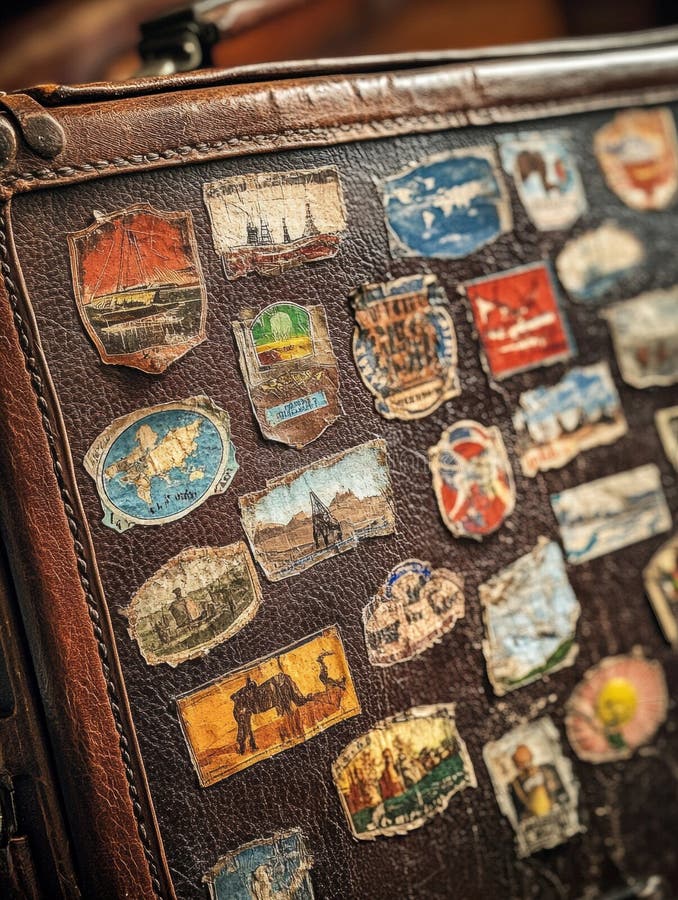 Worn Leather Suitcase Adorned with Vintage Travel Stickers Showcasing ...