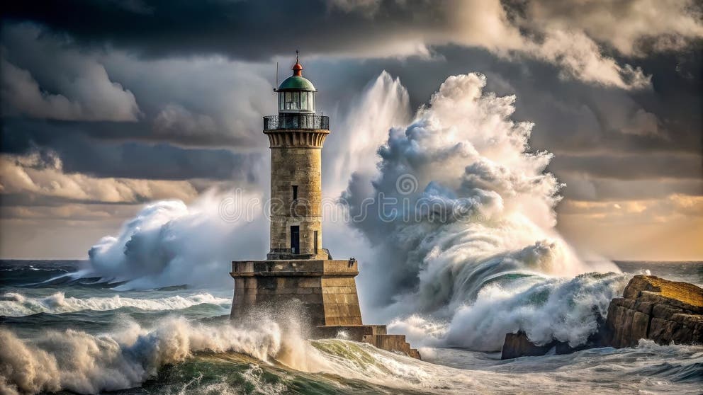 A Sturdy Lighthouse Endures the Relentless Assault of Colossal Ocean ...