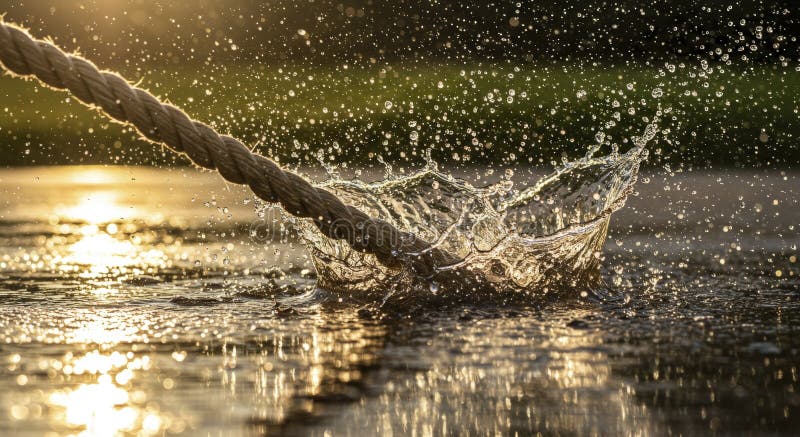 Rope Causing Water Splash in Golden Sunlight Reflecting on Surface ...