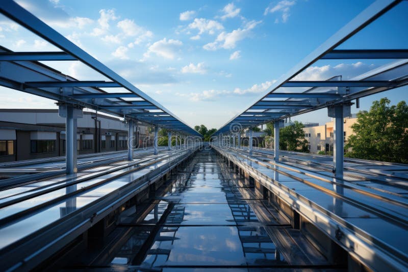 Sturdy Steel Framework on a Flat Roof Against a Clear Sky, Construction ...