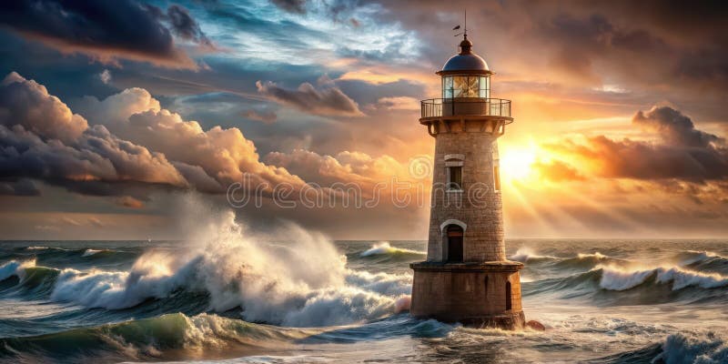 A Sturdy Stone Lighthouse Endures a Dramatic Sunset and Turbulent Ocean ...