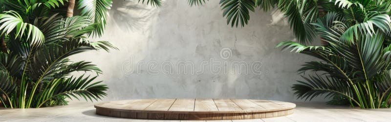 A Sturdy Wooden Platform Stands on a Stage Surrounded by Palm Trees ...