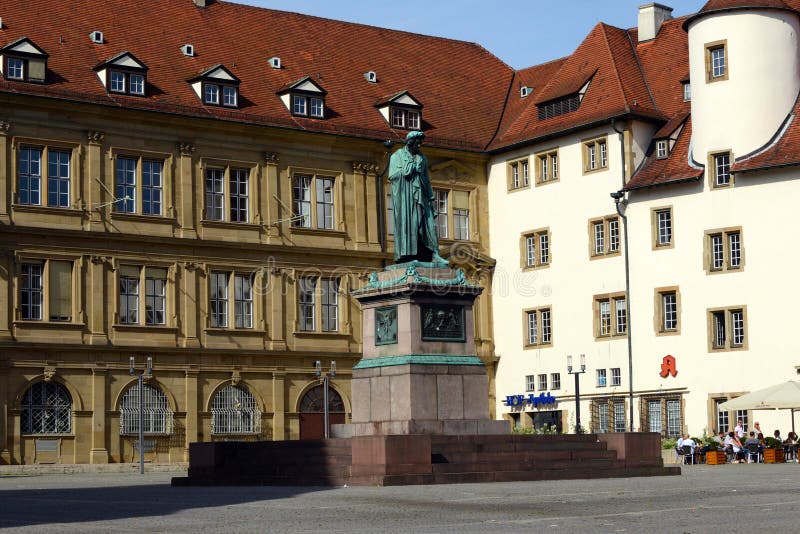 Stuttgart, Germany, 09-28-2014 Schillerplatz in Stuttgart with Statue ...