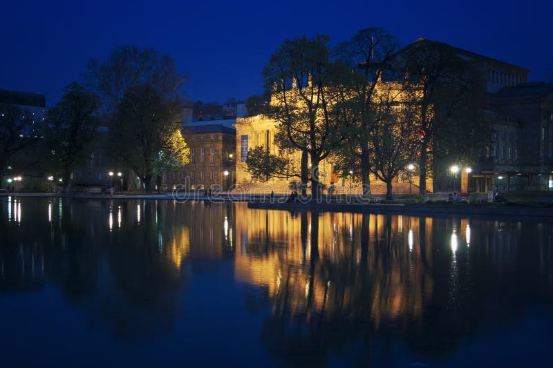 Stuttgart State Theater at Night Stock Photo - Image of touristic, lake ...