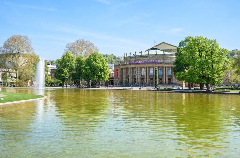 Stuttgart State Theatre Opera Building and Fountain in Eckensee Lake ...