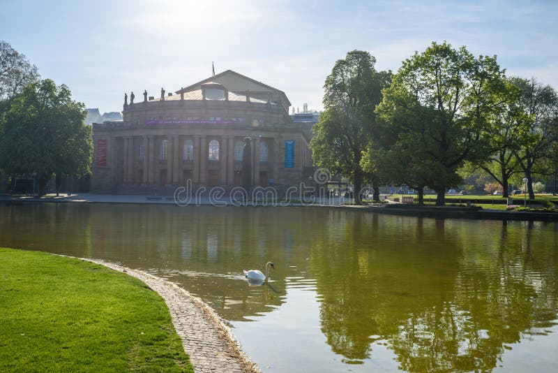 Stuttgart State Theatre Opera Building and Fountain in Eckensee Lake ...