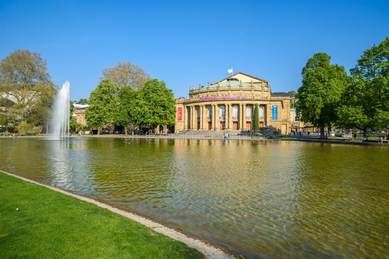 Stuttgart State Theatre Opera Building and Fountain in Eckensee Lake ...