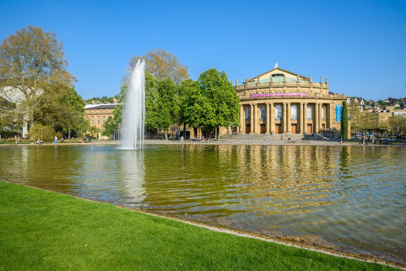 Stuttgart State Theatre Opera Building and Fountain in Eckensee Lake ...