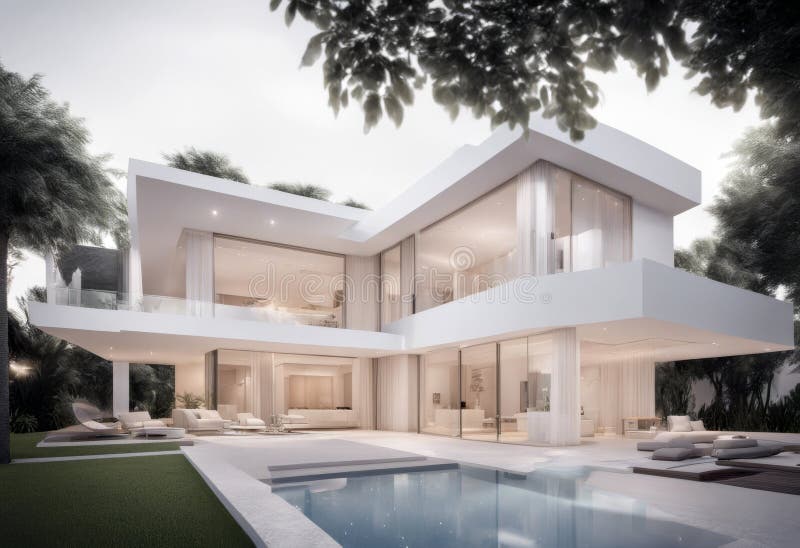 Style Architecture Design White Modern House Home Villa Lawn Stock ...