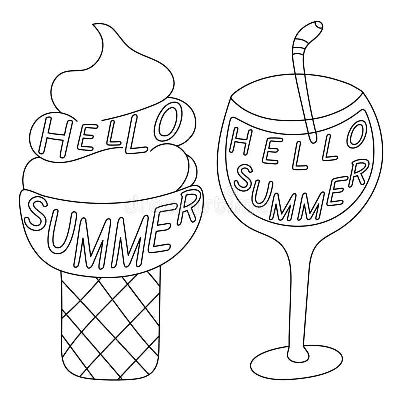 Style Black Outline Ice Cream Cone and Cocktail with the Words Hello ...