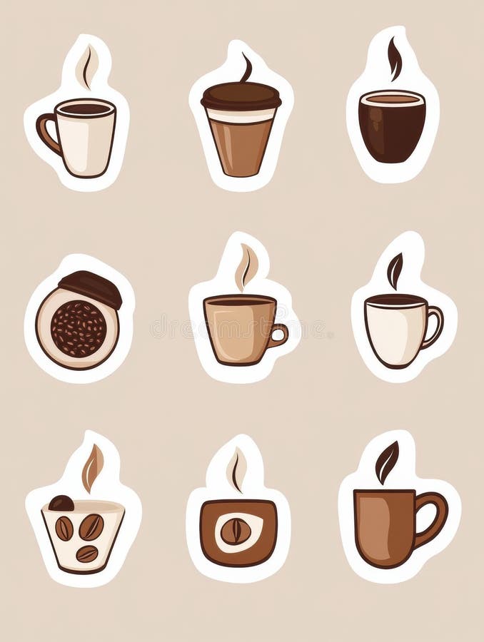 Style Stickers Featuring Diverse Coffee Cups and Coffee Beans Ideal for ...