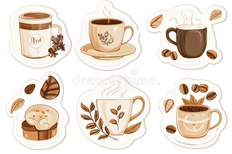 Style Stickers Featuring Various Coffee Cups and Beans for a Cozy ...