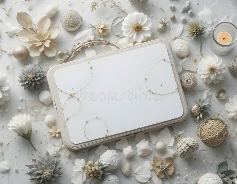Styled Blank White Frame Surrounded by Neutral Flowers and Decorations ...