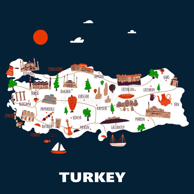 Stylezed Map of Turkey with Different Attractions and Symbols. Vector ...