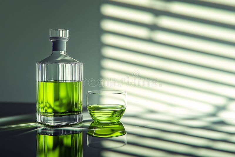 Stylish Absinthe Bottle and Glass on a Mirrored Surface with Abstract ...