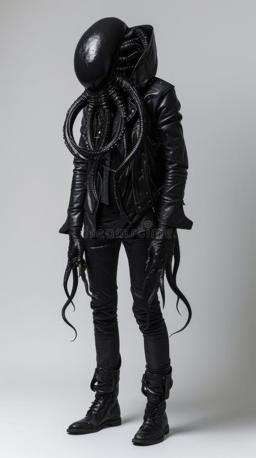A Stylish Alien Wearing a Black Leather Ensemble and a Skull Mask Stock ...