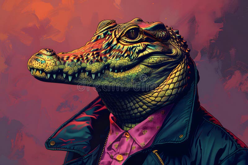 Stylish Alligator in Leather Jacket and Button-Up Shirt on Abstract ...