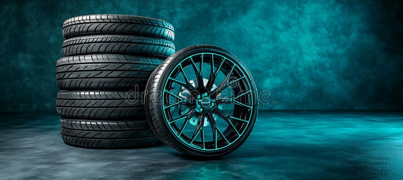 Stylish Alloy Wheel and Stack of Car Tires in a Dark Teal Studio ...
