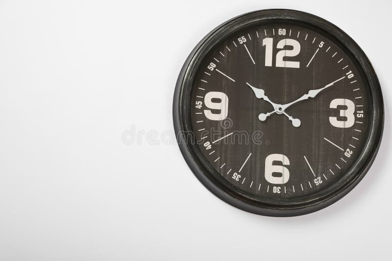 Stylish Analog Clock Hanging on White Wall, Space for Text Stock Photo ...