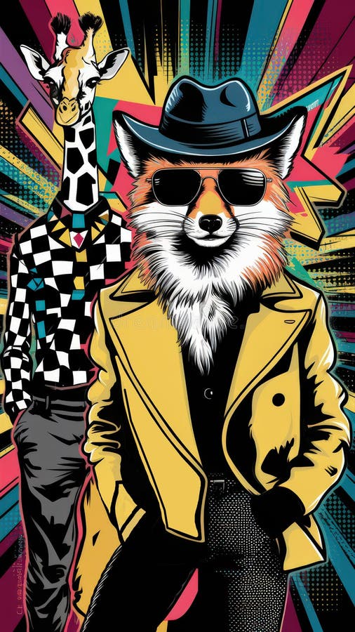 Stylish Anthropomorphic Fox and Giraffe in Retro Pop Art Comic Style ...