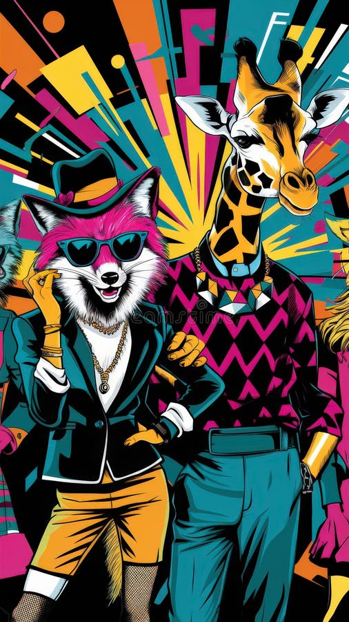 Stylish Anthropomorphic Fox and Giraffe in Retro Pop Art Comic Style ...