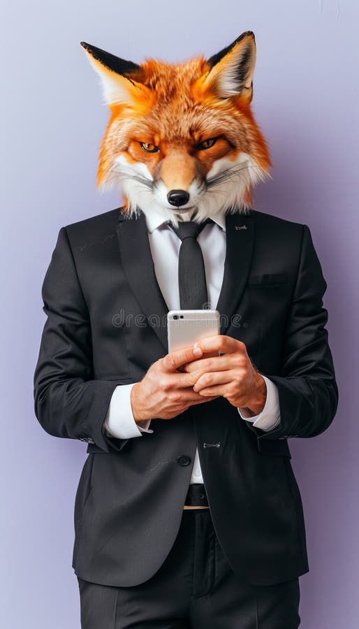 Stylish Anthropomorphic Fox in Suit Checking Phone with Determination ...