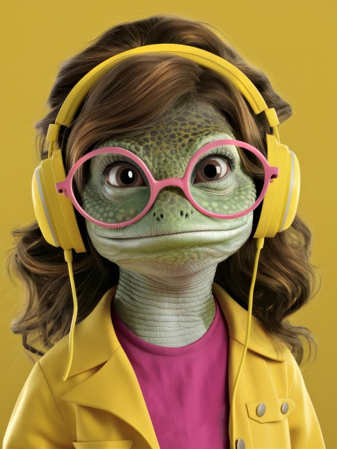 Stylish Anthropomorphic Lizard with Glasses and Headphones on Yellow ...