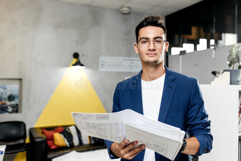 Stylish Architect Dressed in Blue Checkered Jacket and Jeans Works with ...