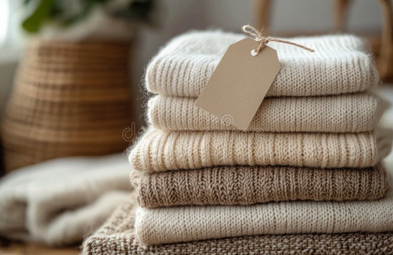 A Stack of Cashmere Sweaters with an Empty Tag on Top, Mock-up Style ...