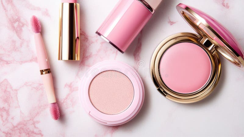 Elegant Pink Makeup Set on Marble Background with Lipstick, Blush, and ...