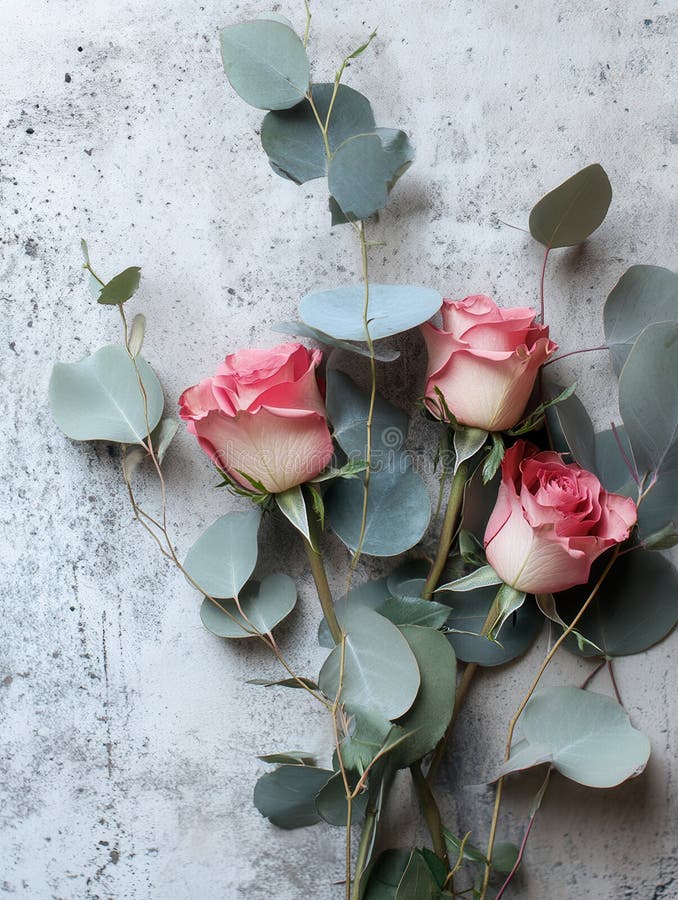 A Stylish Arrangement of Pink Roses and Eucalyptus Leaves Rests ...
