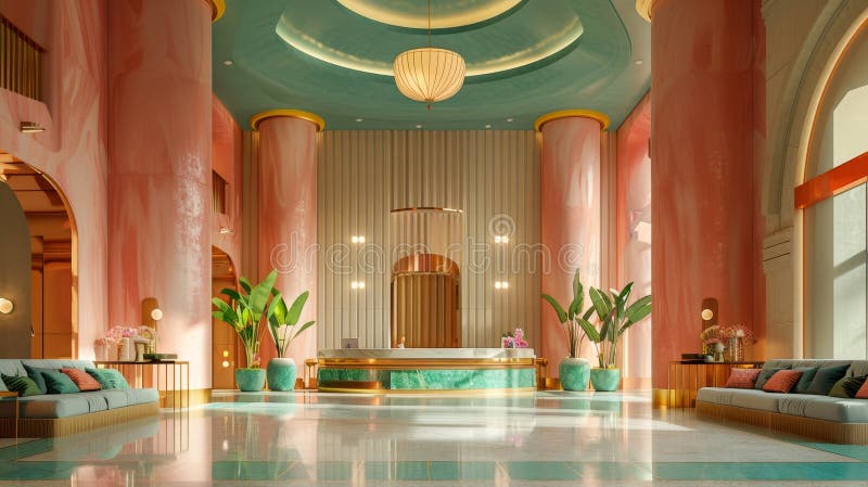 Stylish Art Deco Miami Hotel Lobby with Geometric Patterns, Pastel ...