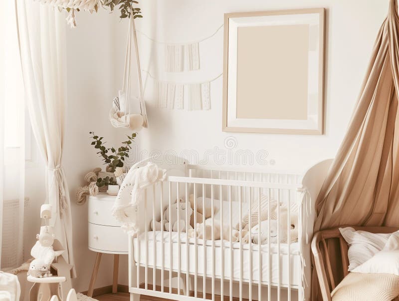 Stylish Baby Room with Empty Baby Cot with Mattress, Sheet, Pillow and ...