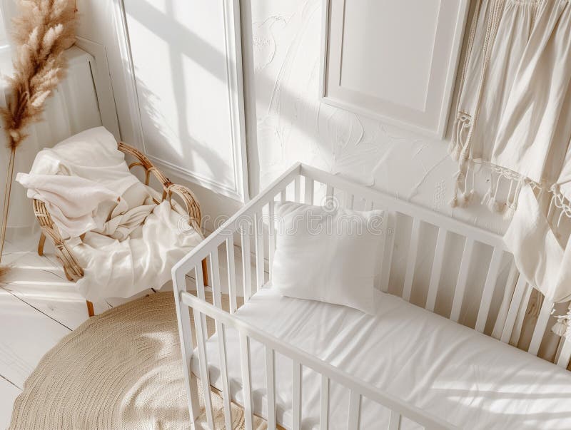 Stylish Baby Room with Empty Baby Cot with Mattress, Sheet, Pillow and ...