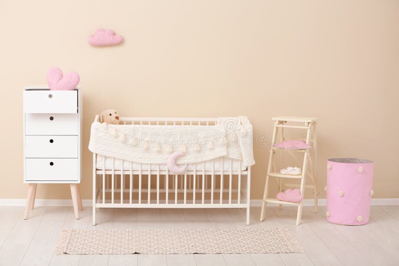 Stylish Baby Room Interior with Crib Stock Photo - Image of color ...