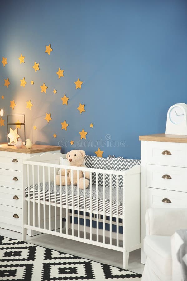 Stylish Baby Room Interior with Crib Stock Image - Image of decor ...