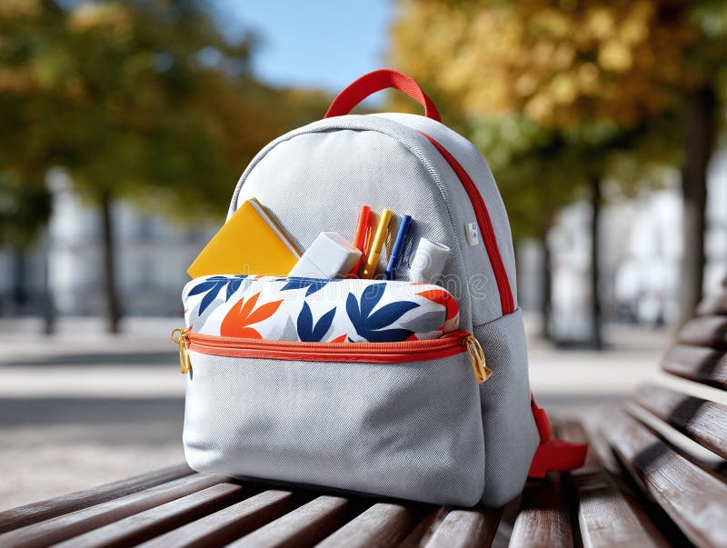 Stylish Backpack on a Park Bench, Ready for School or Adventure. Bright ...