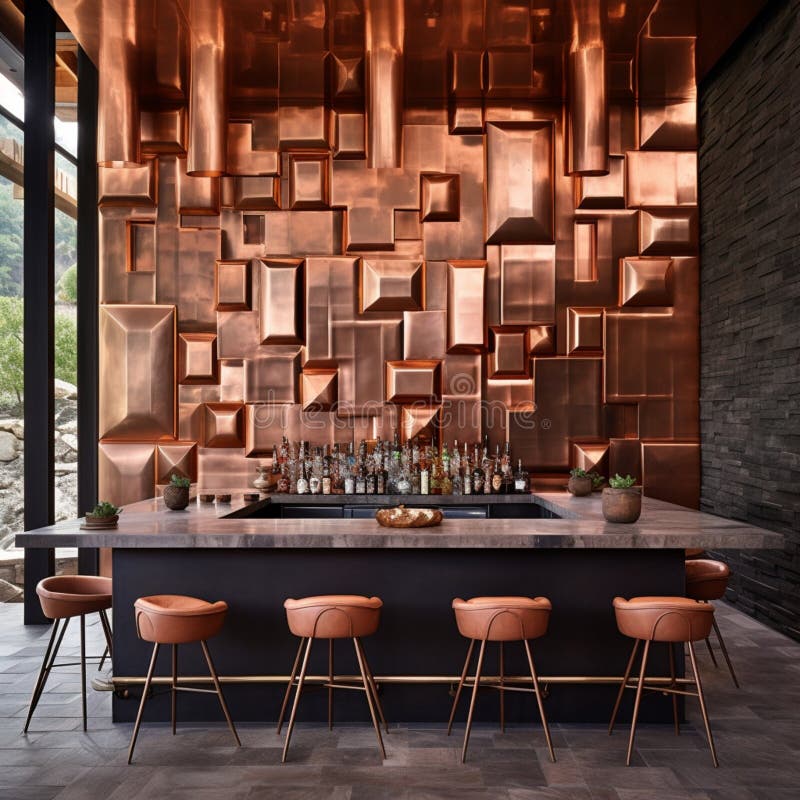 A Stylish Bar Area with a 3D Copper Wall Design Stock Illustration ...